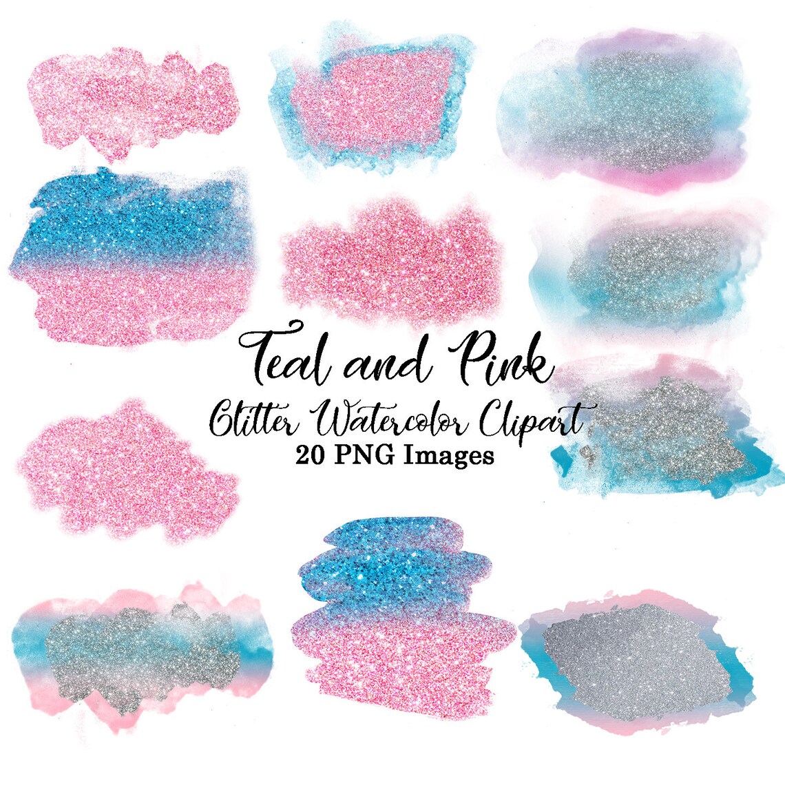 Watercolor Clipart 20 Silver Glitter Teal and Pink | Etsy