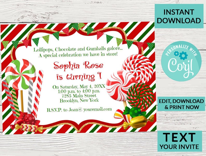 Christmas Candy Theme Birthday Invitation | Candy Land Birthday ...