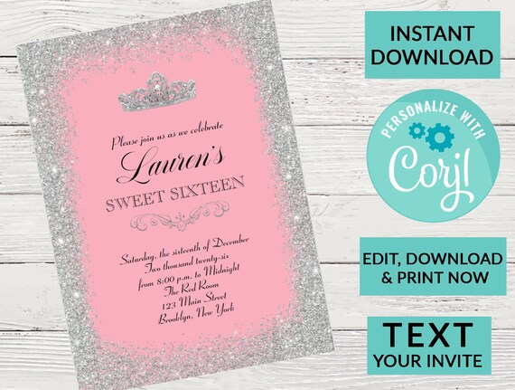 Glitter Sparkle Princess Tiara Sweet 16 Invitation Digital | Etsy