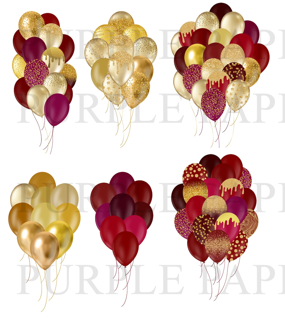 Burgundy and Gold Balloons Clipart Gold Glitter Sparkle | Etsy