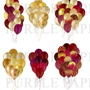 Burgundy and Gold Balloons Clipart, Gold Glitter Sparkle Confetti ...