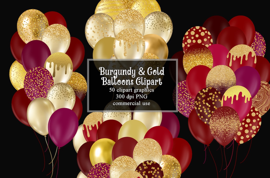 Burgundy and Gold Balloons Clipart, Gold Glitter Sparkle Confetti ...