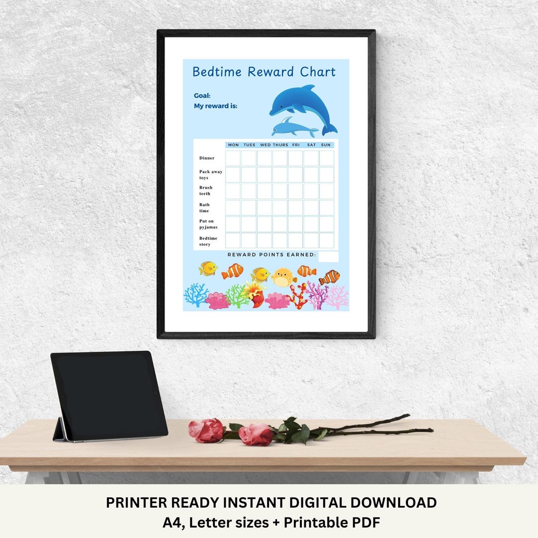 Blue Bedtime Reward Chart Printable , Boys Under the Sea, Night Routine ...