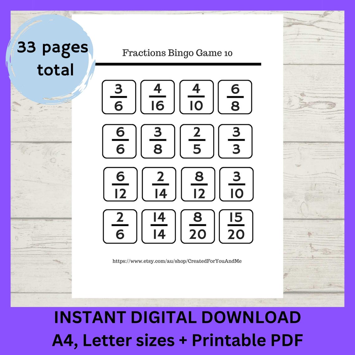 Fraction Bingo Game - Maths Fun Teaching Aid - Instant Digital Download ...