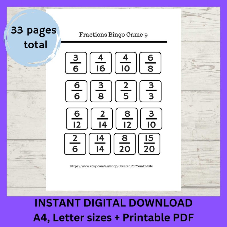 Fraction Bingo Game - Maths Fun Teaching Aid - Instant Digital Download ...