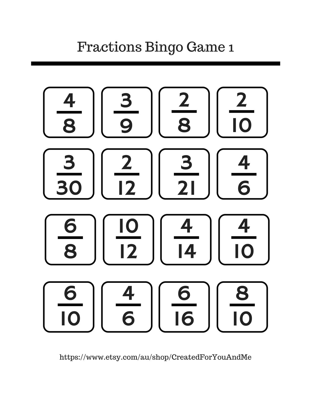 Fraction Bingo Game, Maths Fun Teaching Aids, Instant Download File ...