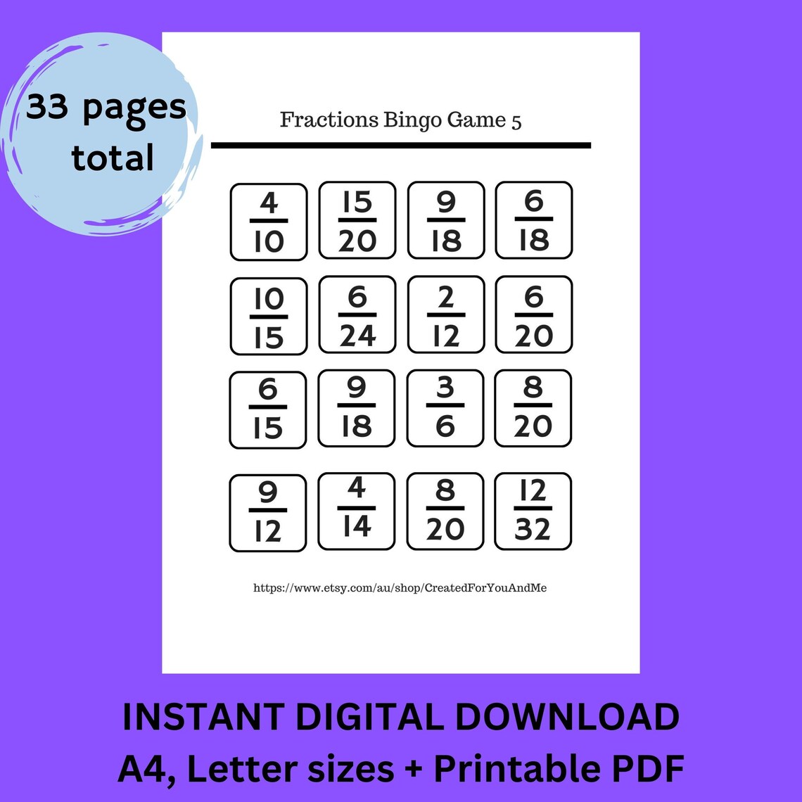 Fraction Bingo Game - Maths Fun Teaching Aid - Instant Digital Download ...