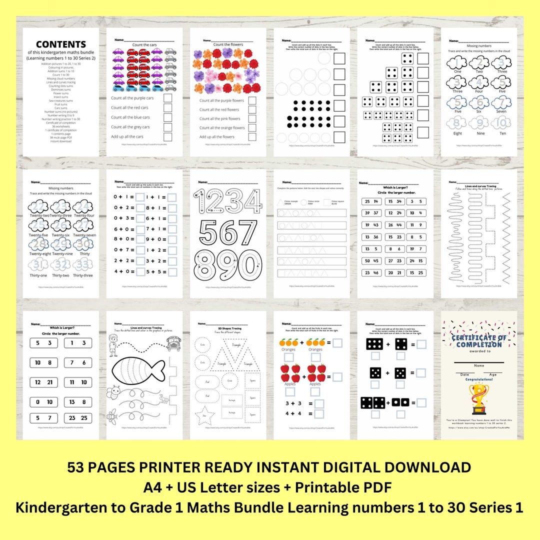 Educational Addition Bundle for Kindergarten: Numbers 1-30, Instant ...