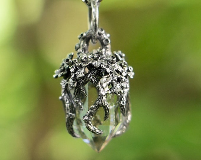 Silver Rock Crystal Lichen Pendant, Forest Druid Moss Twig Elven ...