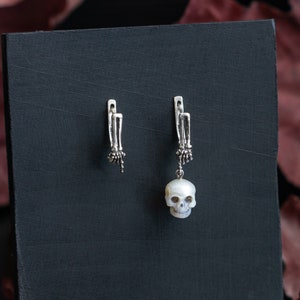 Pearl Skull Asymmetric Earrings, Skeleton Hand Bone, Human Skull, Goth ...