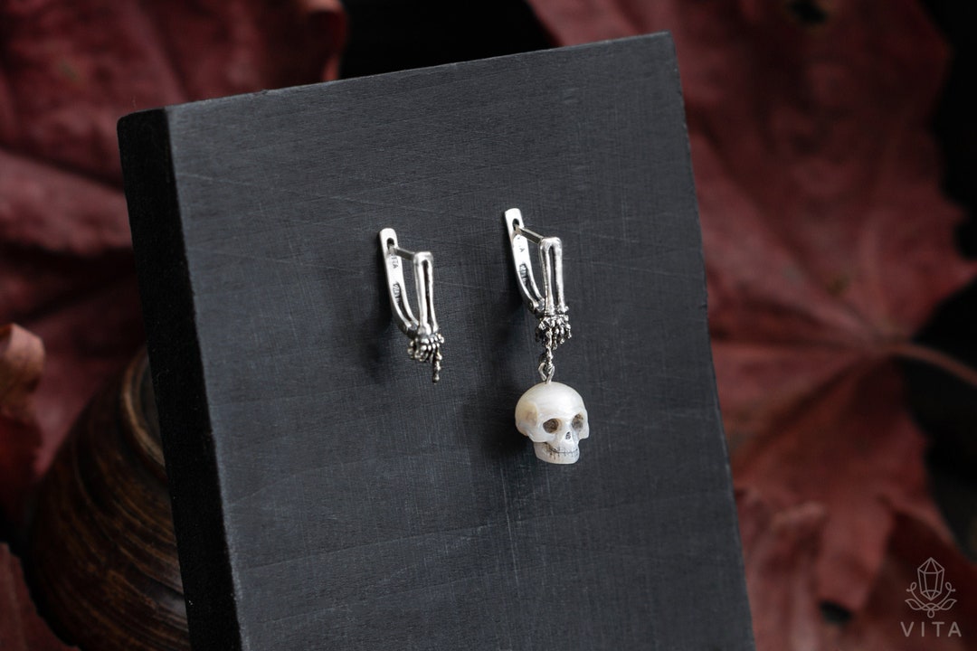 Pearl Skull Asymmetric Earrings, Skeleton Hand Bone, Human Skull, Goth ...