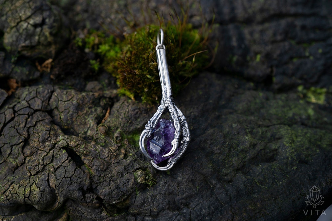 Oxidized Sterling Silver Raven Claw Pendant: Raw Amethyst Gothic Amulet ...