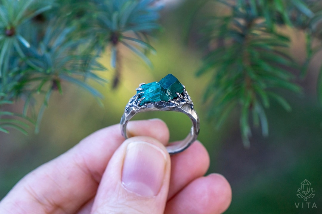 Raw Dioptase Crystal Ring, Sterling Silver Twig Band, Green Crystal ...