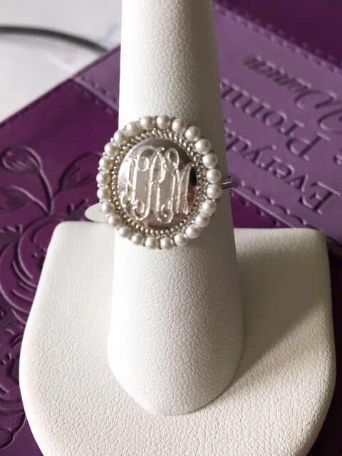 Monogrammed Ring Sterling Silver Pearl Ring Personalized | Etsy