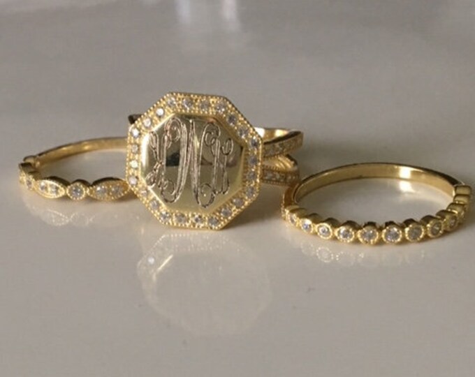 Monogrammed Ring,sterling Silver Ring, Octagon Shape Ring, CZ, Gold ...