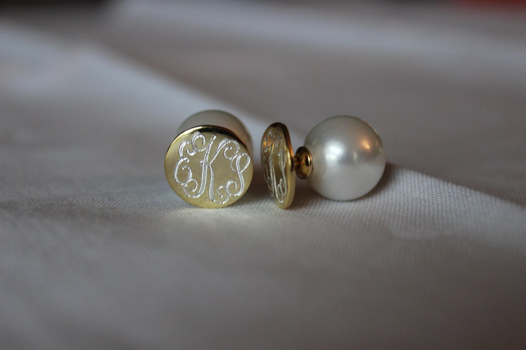 Monogrammed Earrings, Gold Plating Over Sterling Silver, Pearl Back Earrings, Monogrammed ...