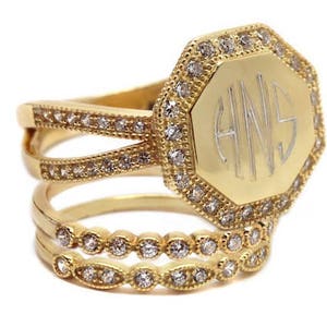 Monogrammed Ring,sterling Silver Ring, Octagon Shape Ring, CZ, Gold ...