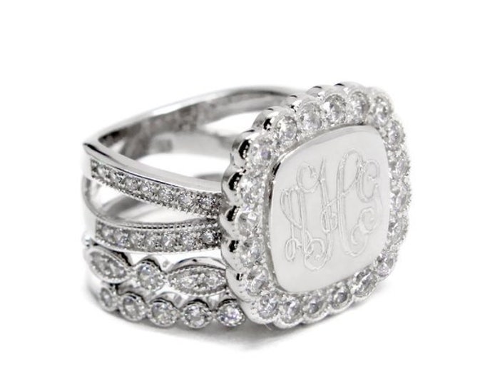 Monogram Ring, Sterling Silver Stackable Ring, Personalized Ring, Sterling and CZ Ring ...