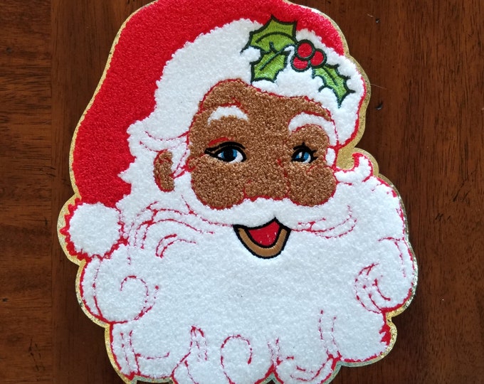 African American Santa With Red Hat Chenille Iron on Patch READY TO ...