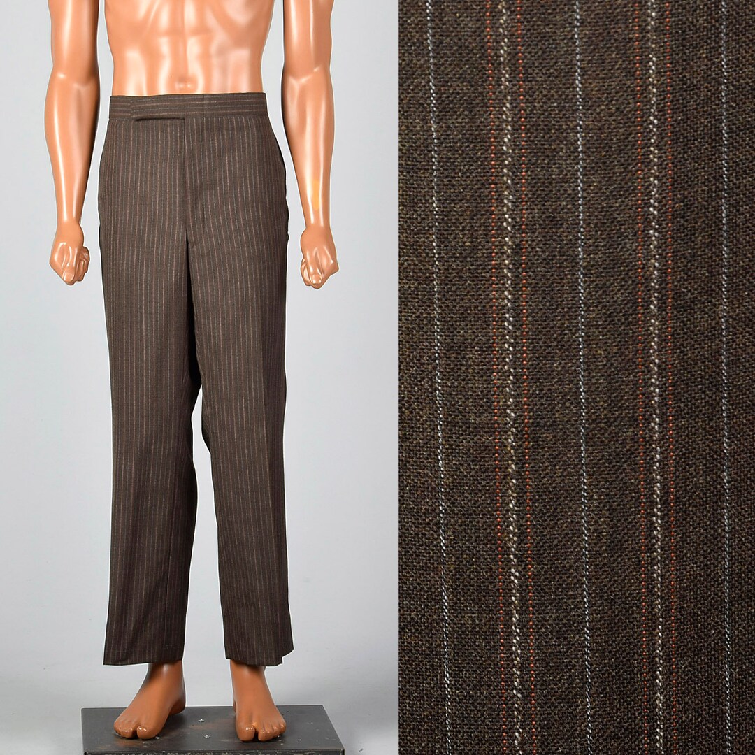 Large 1960s Brown Pinstripe Pants Pockets Tapered Leg Flat Front Zip ...