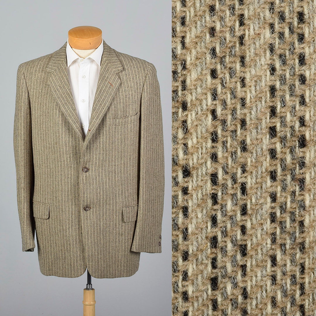 XL 44L 1950s Mens Tan Tweed Striped Sportcoat Single Vent Medium Lapels ...