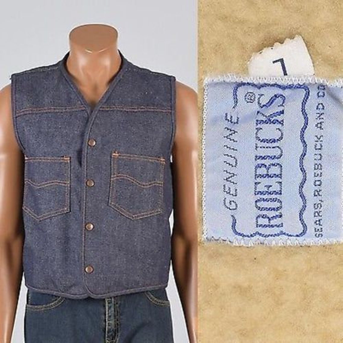 Large 1970s Mens Denim Vest Hippie Boho Vest Denim Jean Snap Front Faux ...