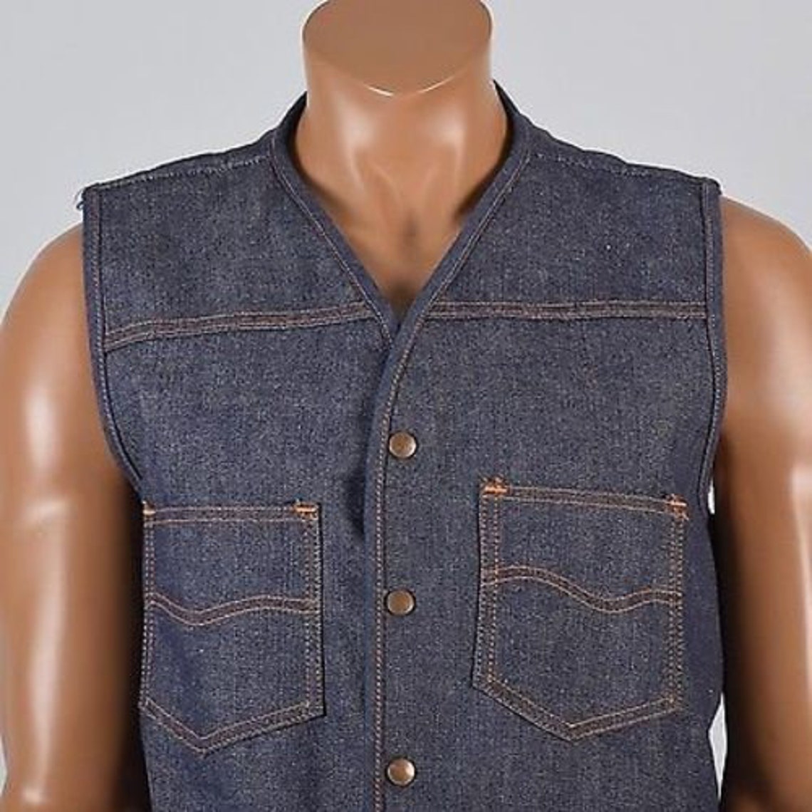 Large 1970s Mens Denim Vest Hippie Boho Vest Denim Jean Snap Front Faux ...