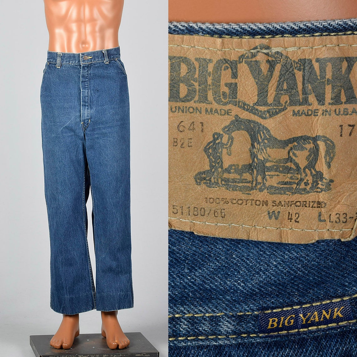 XL 1970s Mens Big Yank Workwear Jeans Dark Wash Straight Leg Light Fade ...