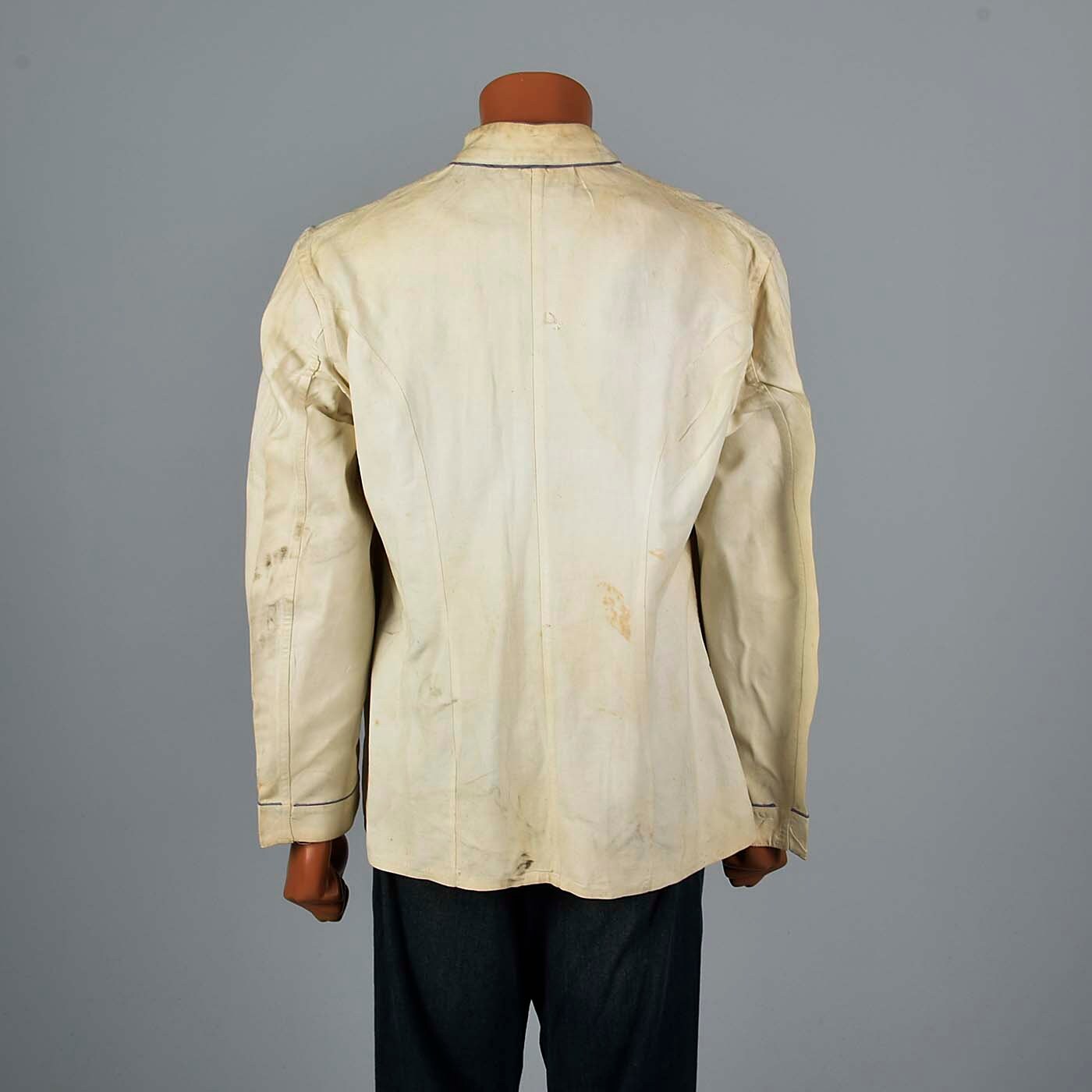 Medium 1950s Distressed Chef Jacket Standing Collar Long Sleeve Patch ...
