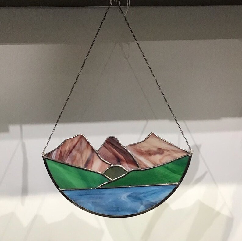 STAINED GLASS " the Three Sisters " Canmore Mountains 9" Wide Original ...