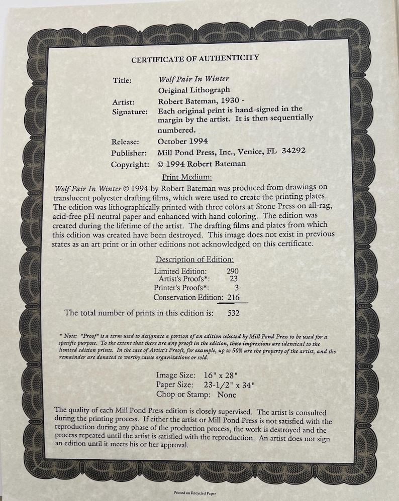 Robert BATEMAN Original LITHOGRAPH " Wolf Pair in Winter " Artist Proof ...