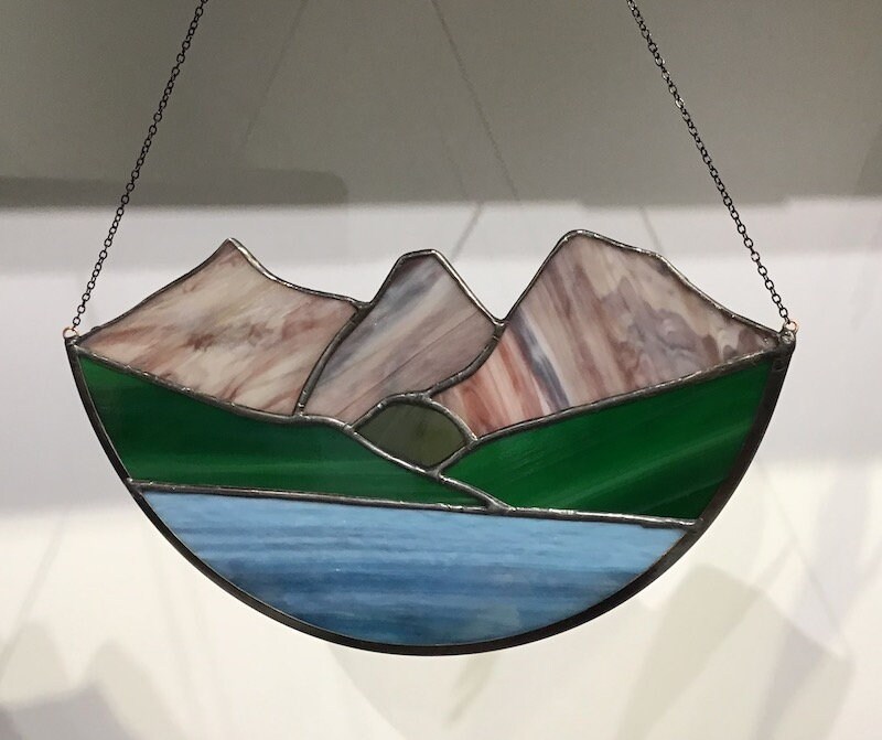 STAINED GLASS " the Three Sisters " Canmore Mountains 9" Wide Original ...