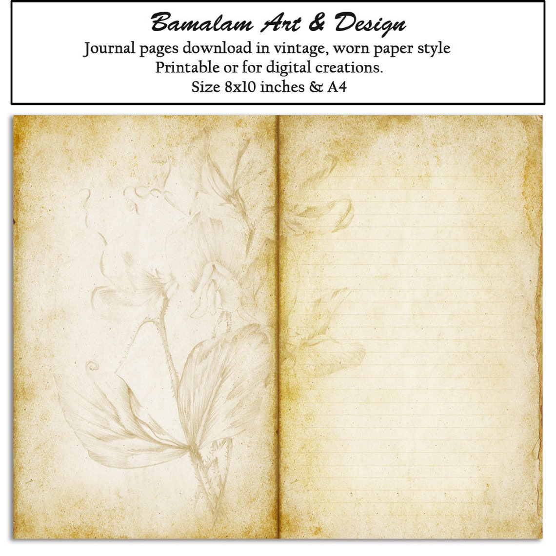 Printable Journal Page Set Vintage Aged Style Floral Paper - Etsy