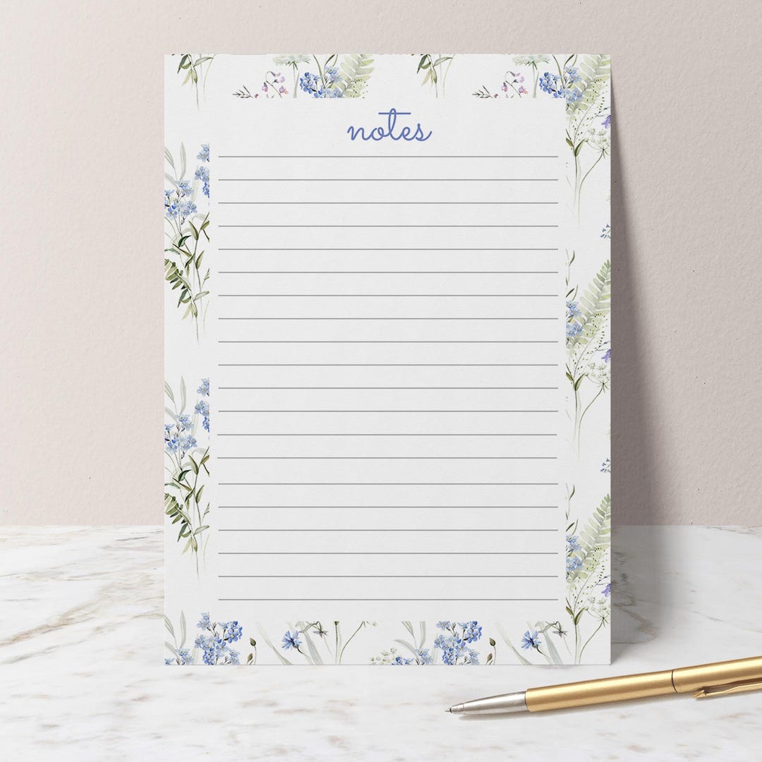 Blue Floral Notepad, Custom Cute Stationery, Lined/unlined, Gift for ...