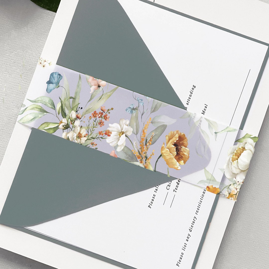 Wildflower Vellum Belly Band Invite Wrap 5x7 Wedding Invitations ...