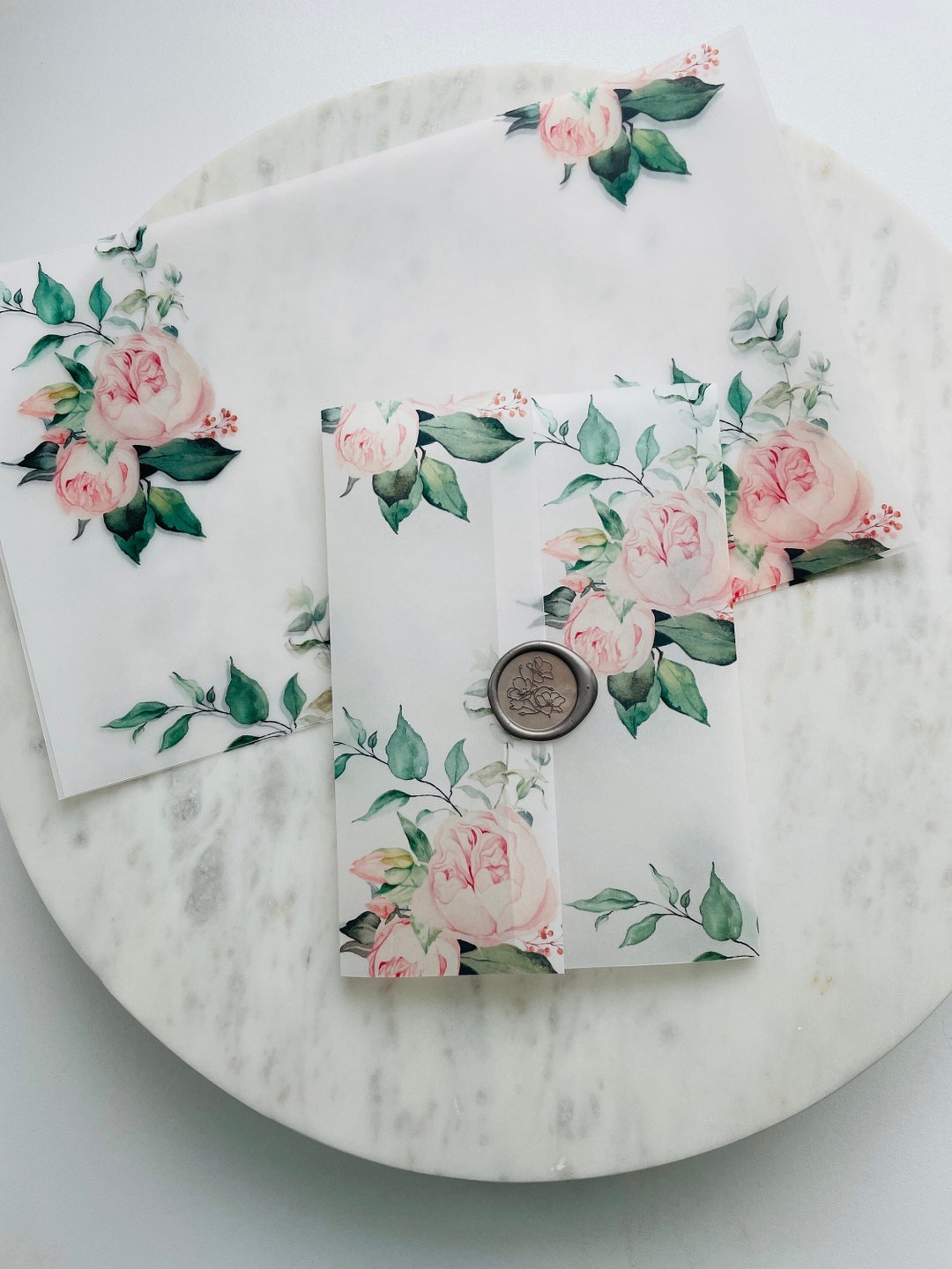 Pink Floral Vellum Jacket for 5x7 Wedding Invitations, Printed Vellum ...