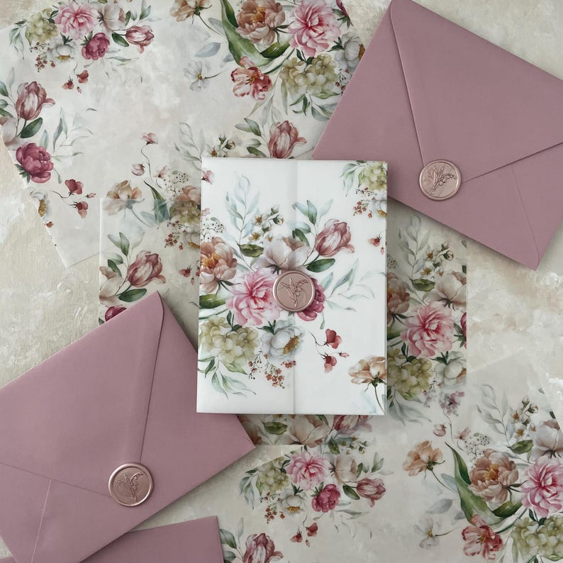 Spring Floral Vellum Invitation Wrap, 5x7 Translucent Jacket, Pink ...