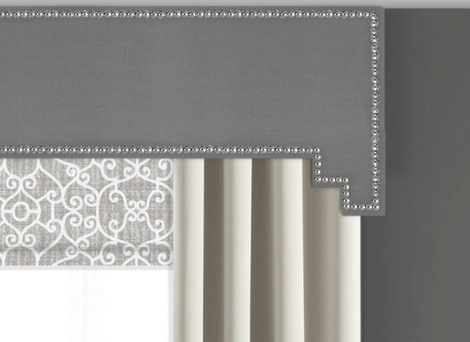 Cornice Board Pelmet Box Window Treatment in Gray Fabric With Nailhead ...