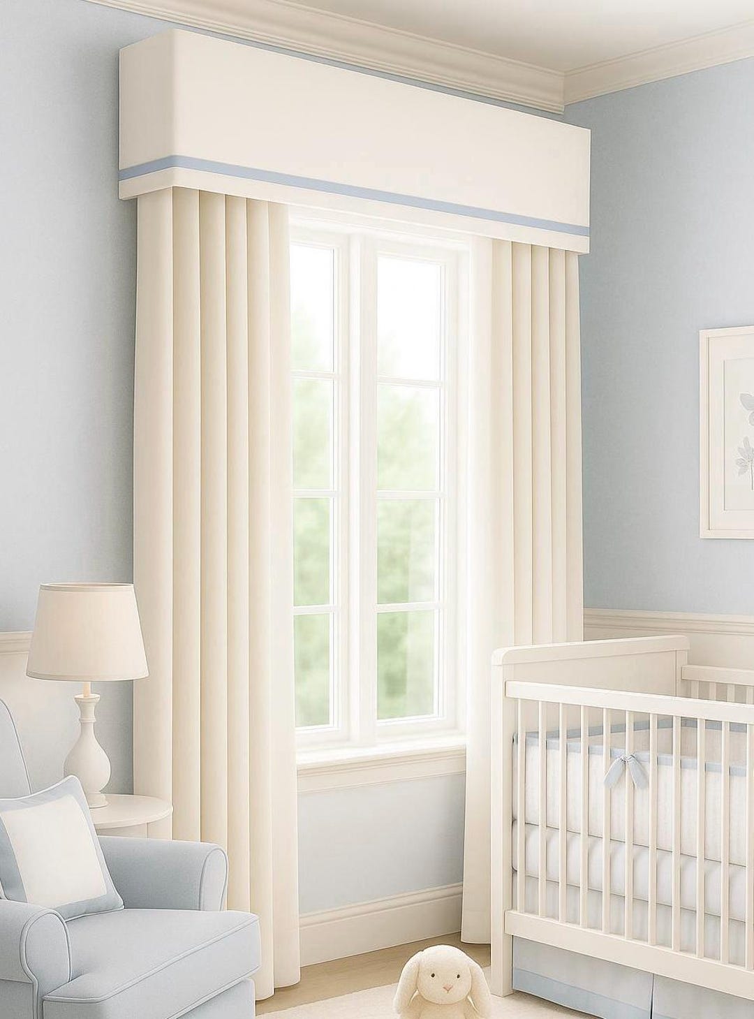 Cornice Board Nursery Valance Window Treatment | Ribbon Trimmed Valance Cornice | Light Blue and ...