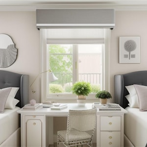 Window Cornice Board Valance Box Window Treatment in Gray With White Ribbon Trim - Custom ...