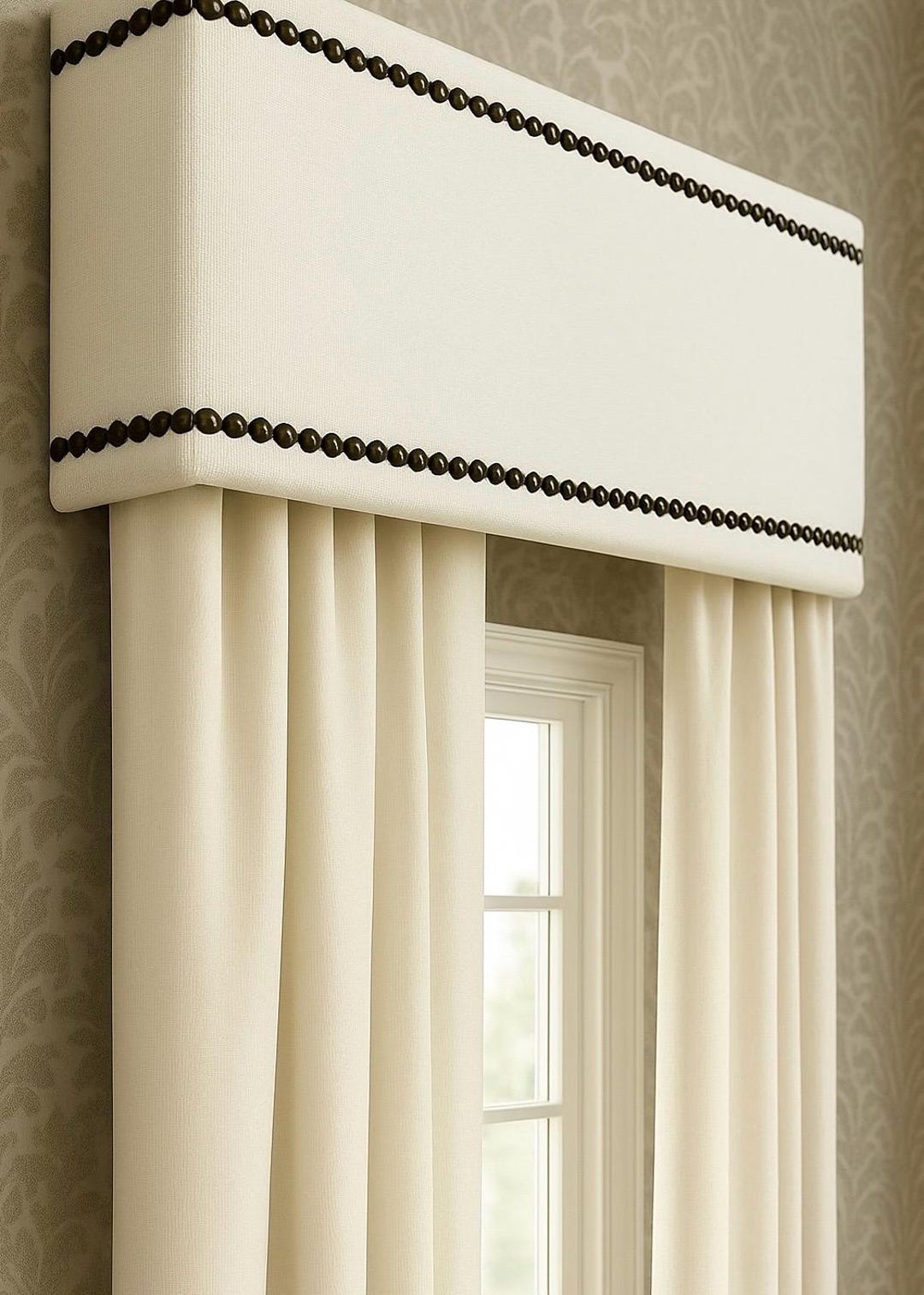 Custom White Upholstered Cornice Board With Nailhead Trim | Modern ...