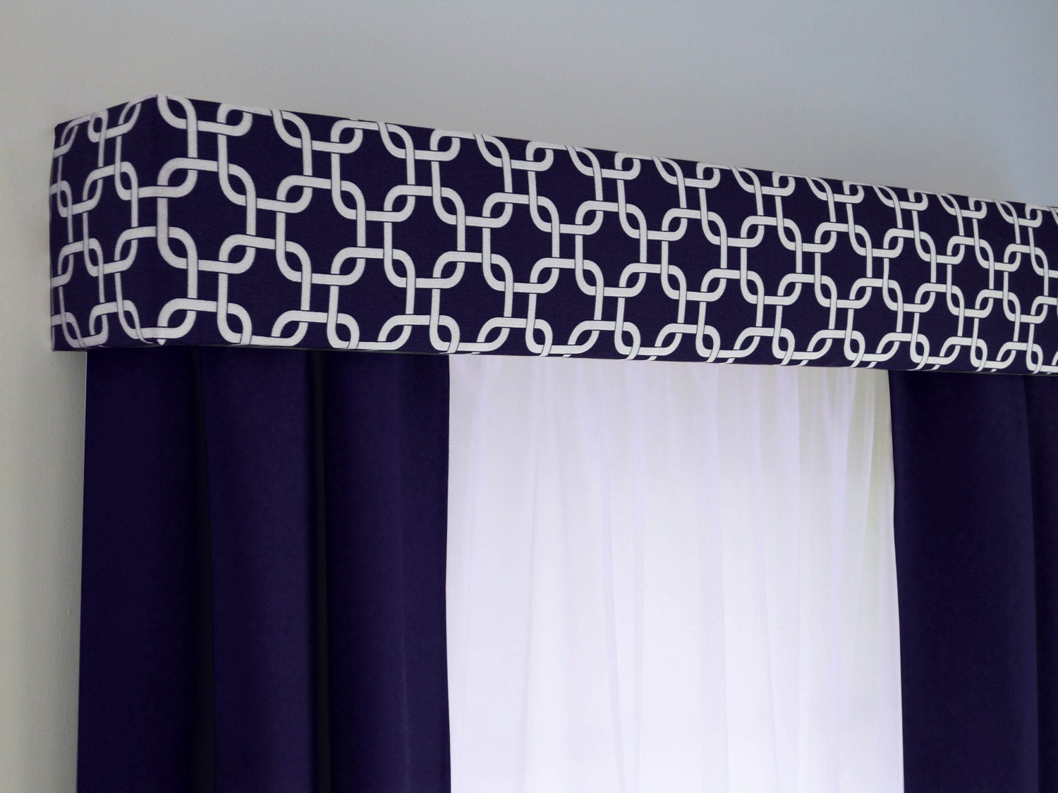 Navy Blue Geometric Cornice Board Valance Window Treatment - Custom ...