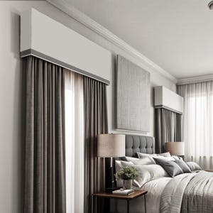 Window Cornice Board Valance Box Window Treatment in Soft White With Grey Ribbon Trim - Custom ...