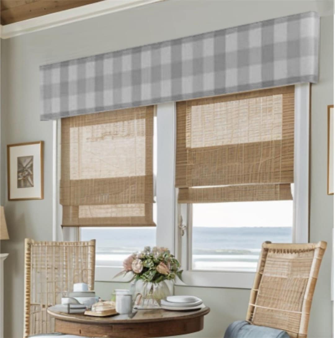 Custom Cornice Board Window Treatment in Coastal Farmhouse Gray White ...