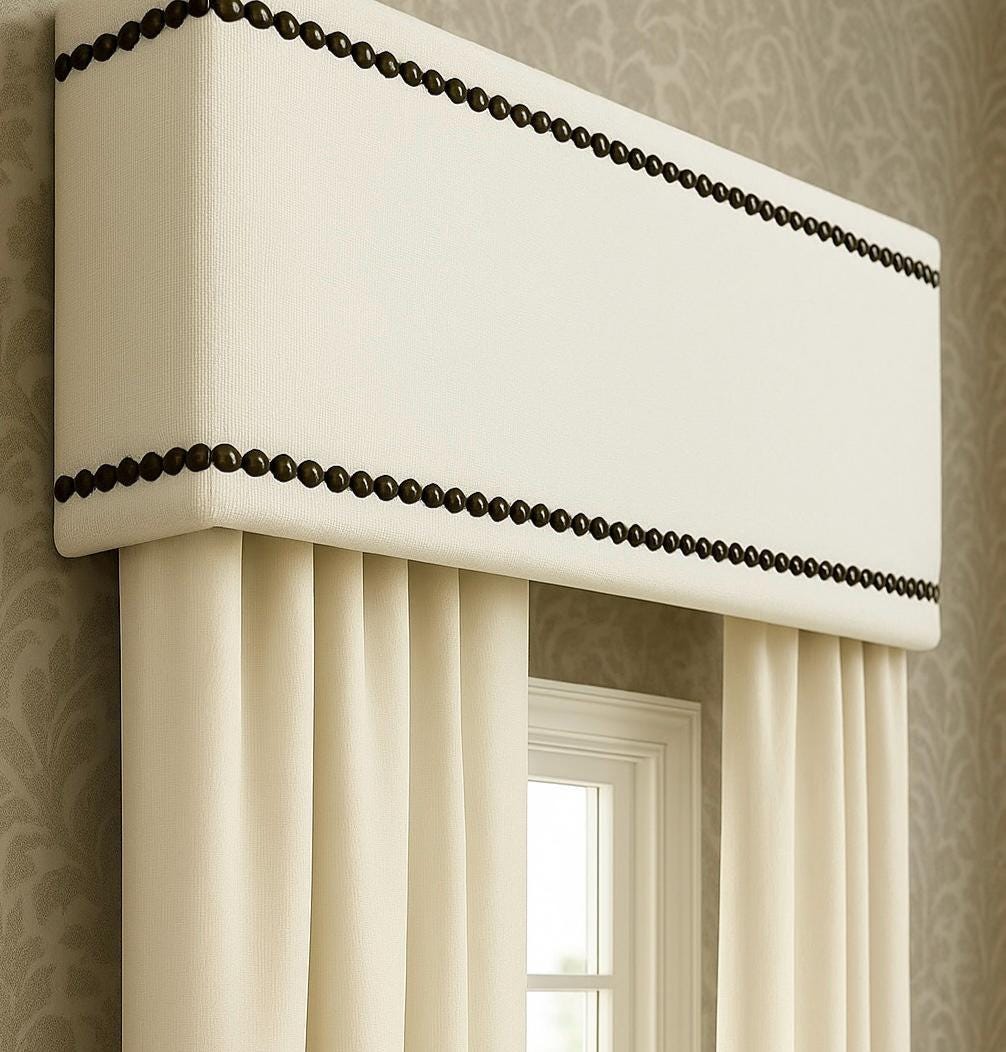Custom Upholstered Cornice Board Curtain Box in Beige With Nailhead ...