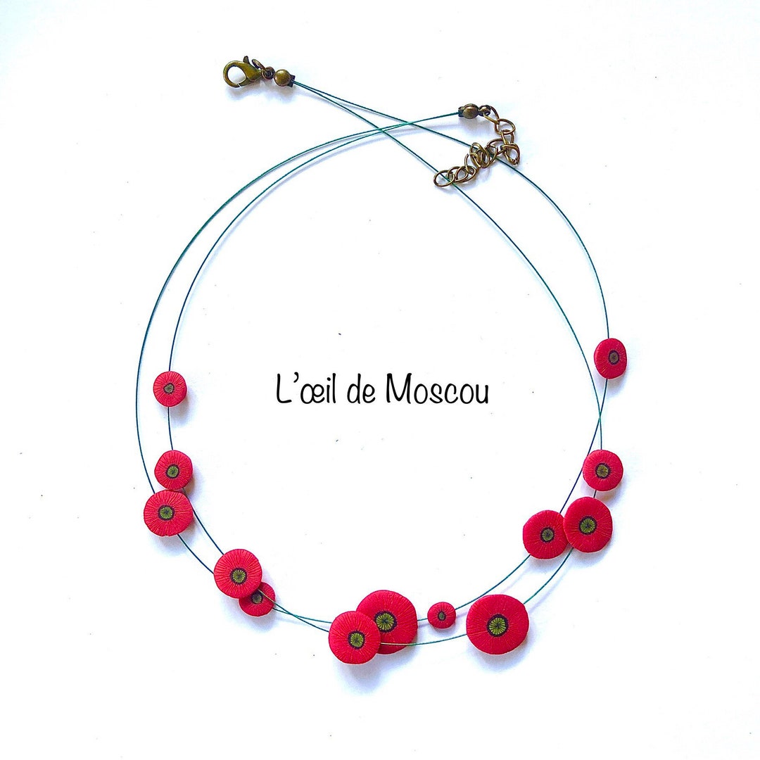 Cherry Red Poppy Necklace, Forest Green Thread, Two Strands, Simple and ...