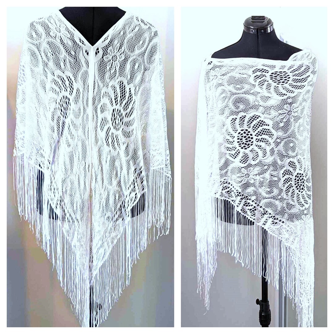 Vintage made in Japan LACY CROCHET PONCHO White Rayon Viscose Fringed ...