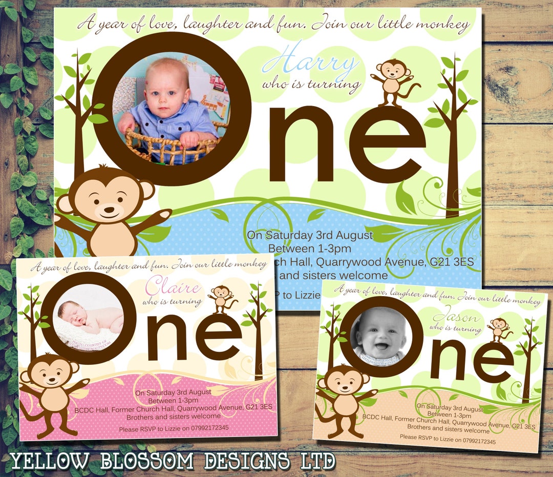 10 Monkey ONE Invitations With Photo Children's Printed Invites Cheeky ...