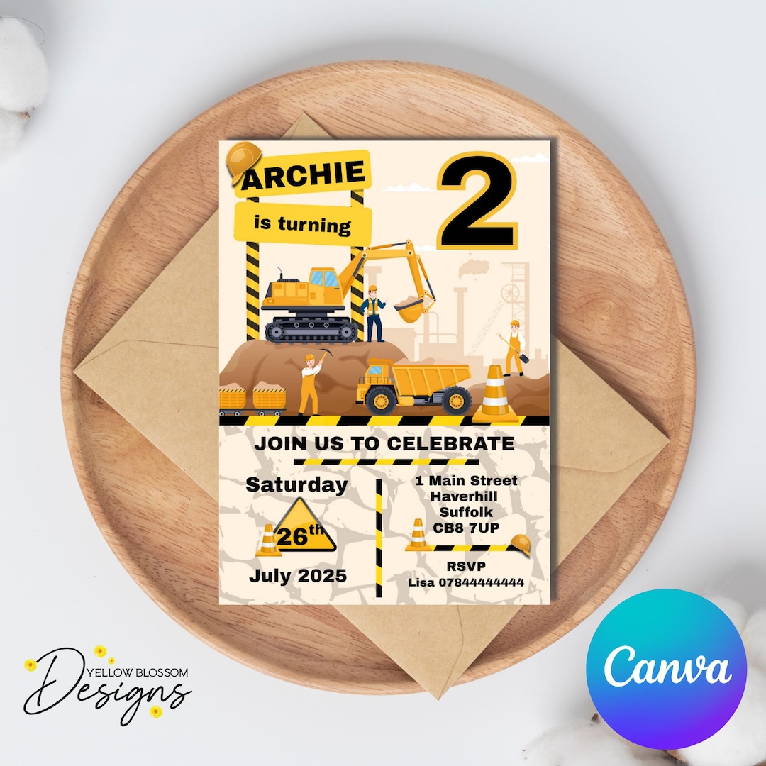 Construction Birthday Invitation: Editable Canva Template (digital ...