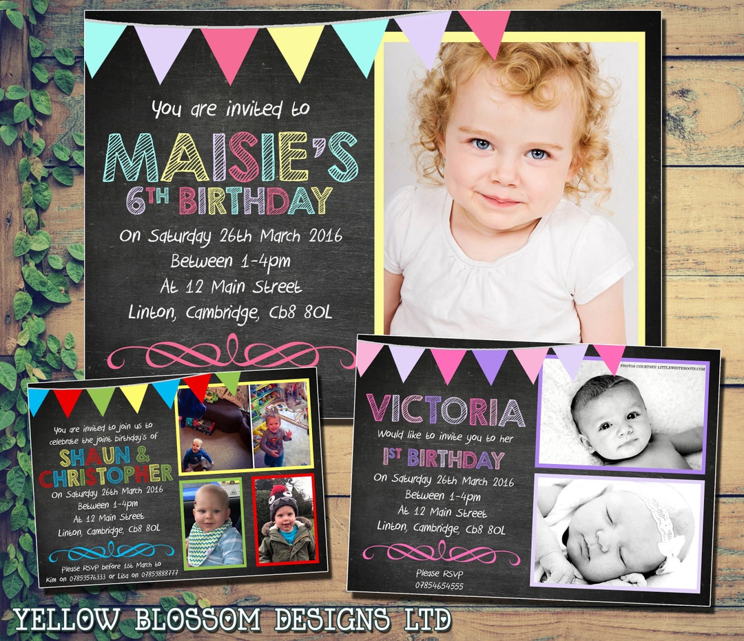 Joint Twins Birthday Party Invitations: Rainbow Bunting, Chalkboard ...